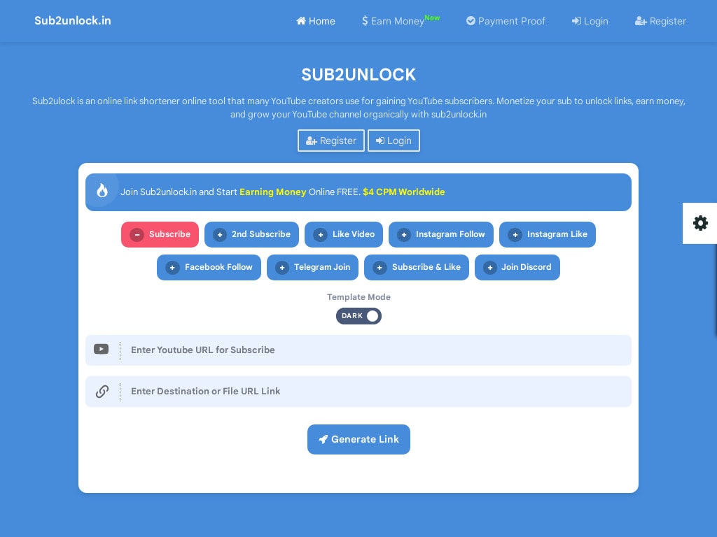 Sub2unlock.in - Monetize your link